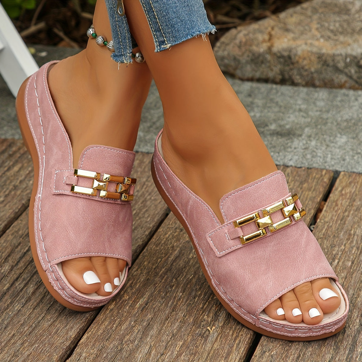 Romy™ Gold-Link Slide Sandals – Clarks Bloomfield